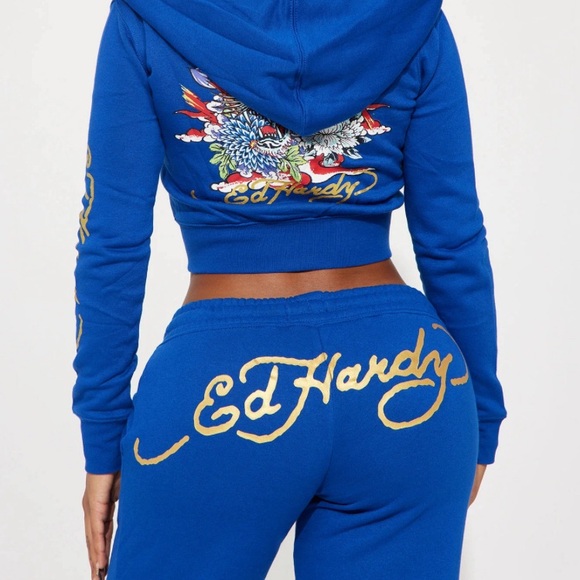 Ed Hardy | Sweaters | Ed Hardy Blue And Gold Cropped Tracksuit | Poshmark